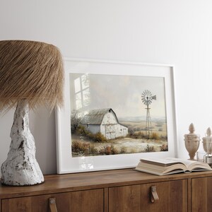 Rustic Barn and Windmill Print, White Barn Farmhouse Painting, Country ...