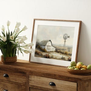 Rustic Barn and Windmill Print, White Barn Farmhouse Painting, Country ...