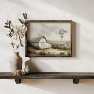 Rustic Barn and Windmill Print, White Barn Farmhouse Painting, Country ...