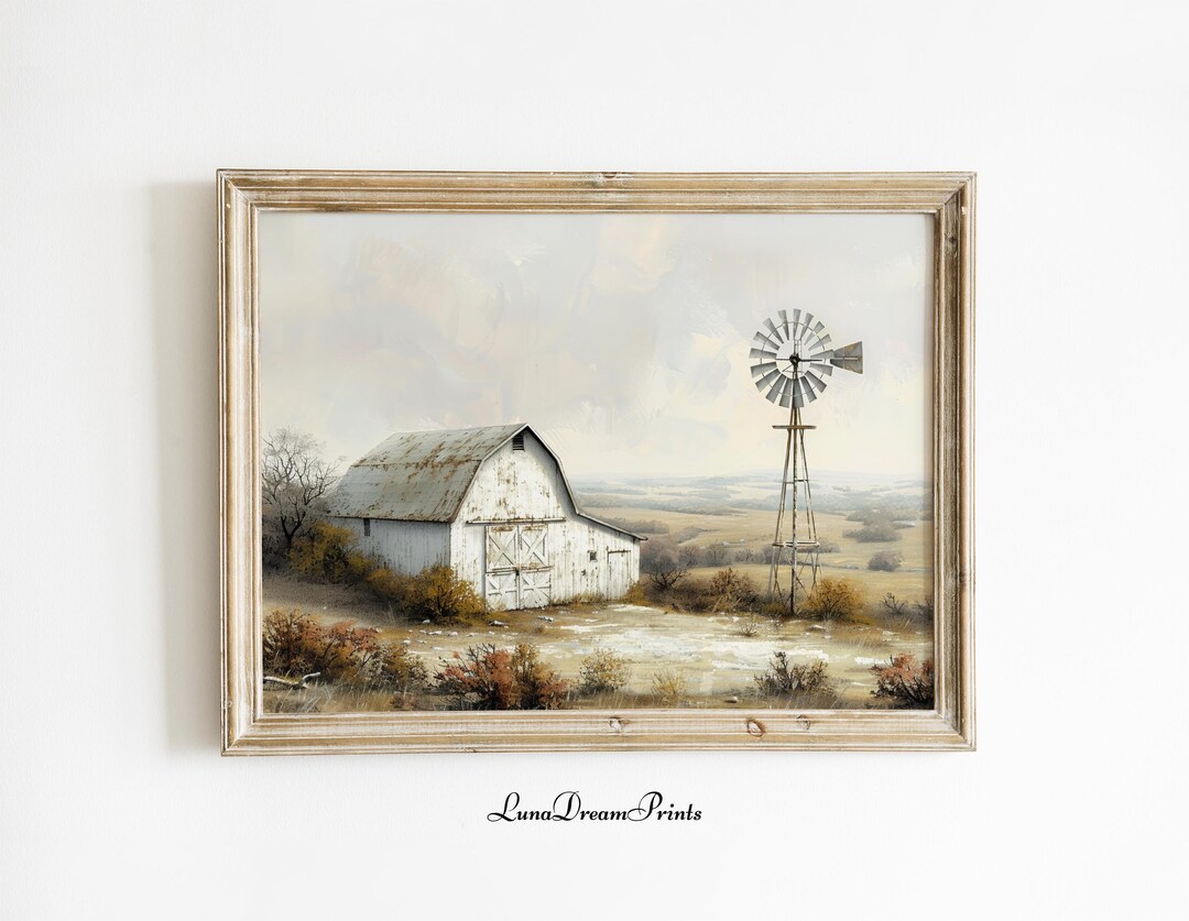 Rustic Barn and Windmill Print, White Barn Farmhouse Painting, Country ...