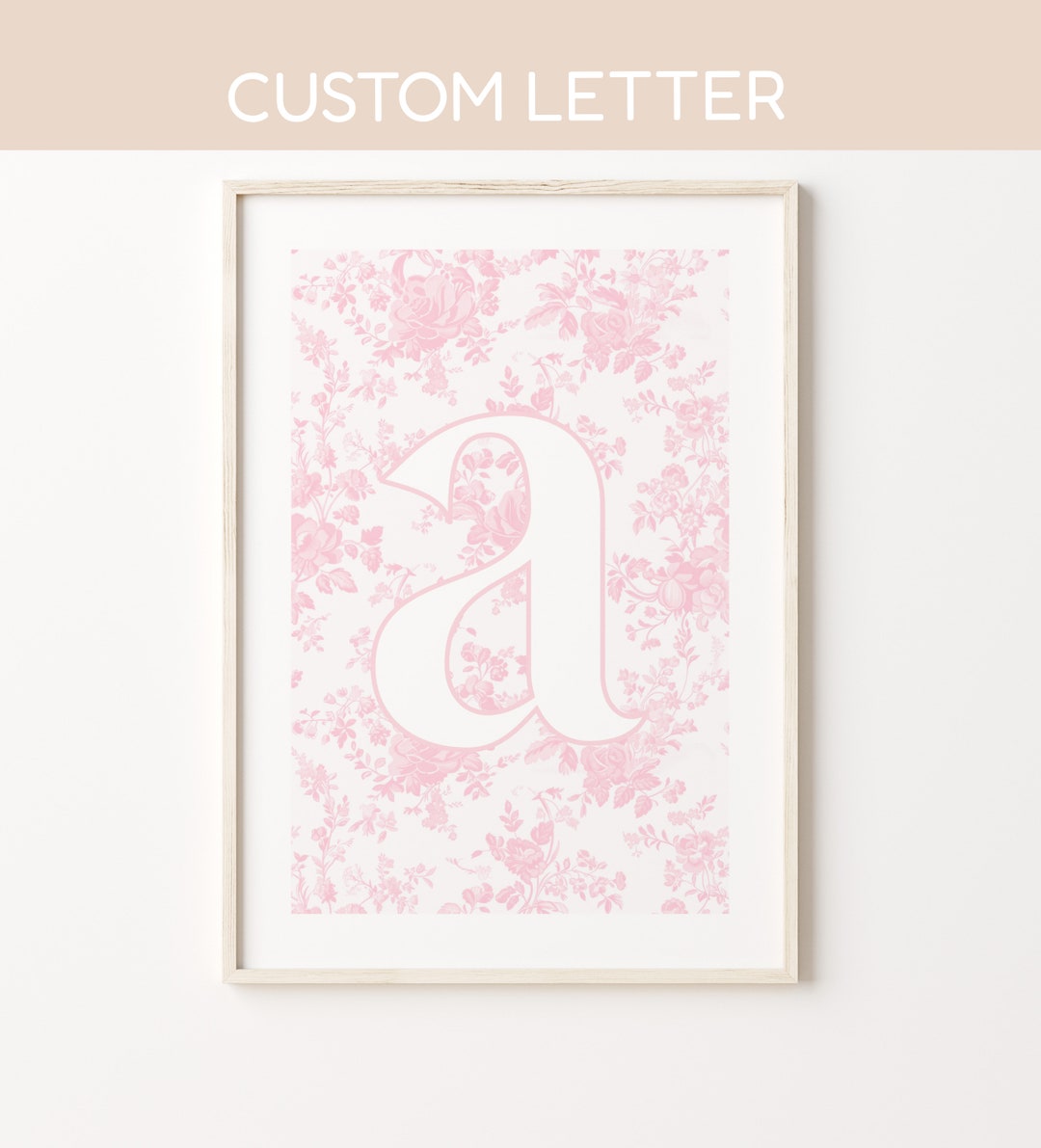 Pink Personalized Letter Chinoiserie Wall Art, Custom White Letter ...