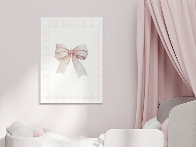 Preppy Pink Coquette Bow Printable, Cream Bow Nursery Print, Trendy ...