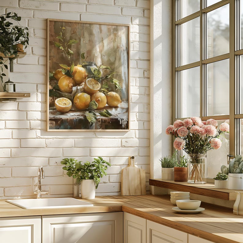 Lemon Kitchen Painting Print, Farmhouse Kitchen Decor, Rustic Antique ...