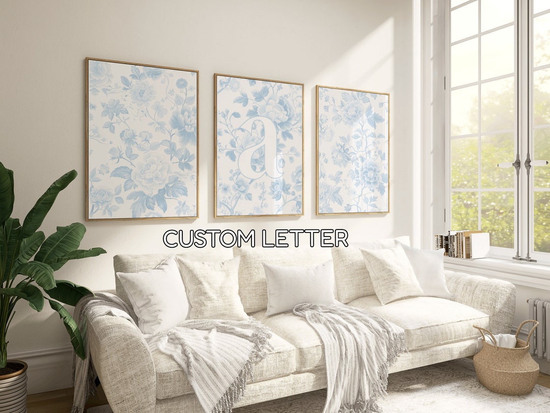 Set of 3 Chinoiserie Custom Floral Letter, Light Blue Home Decor ...