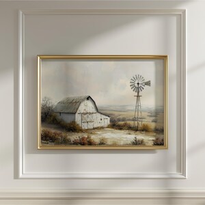 Rustic Barn and Windmill Print, White Barn Farmhouse Painting, Country ...