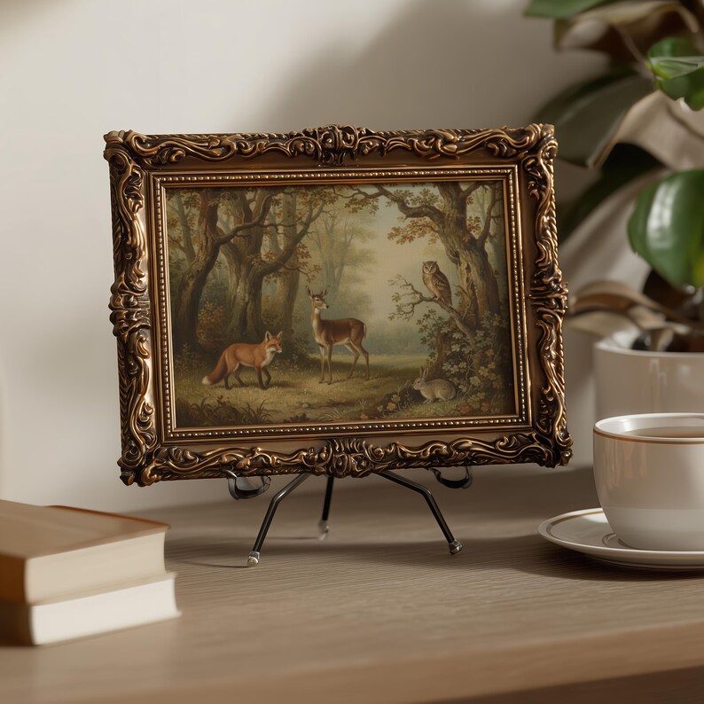 Woodland Animals Forest Print, Moody Vintage Whimsical Wall Art ...