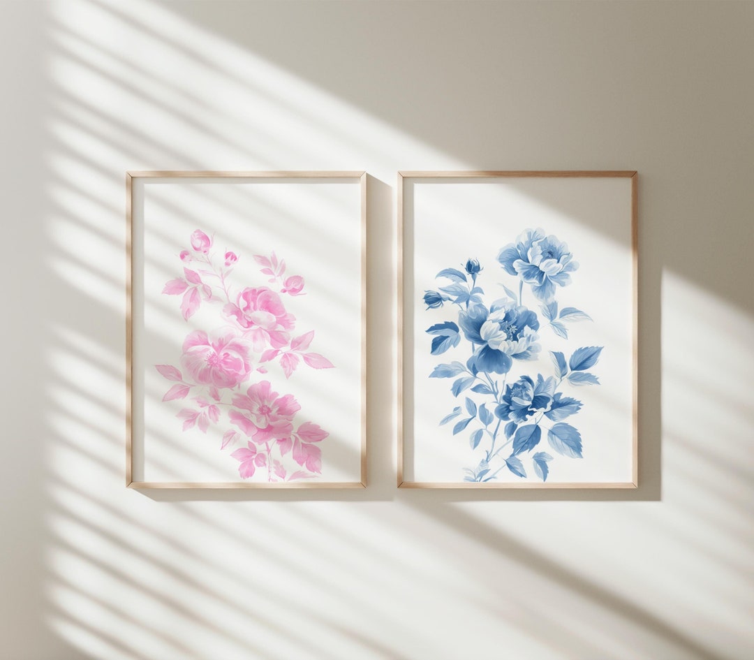 Pink and Blue Flower Wall Art, Navy and Pink Posters, Pink Blue Dorm ...