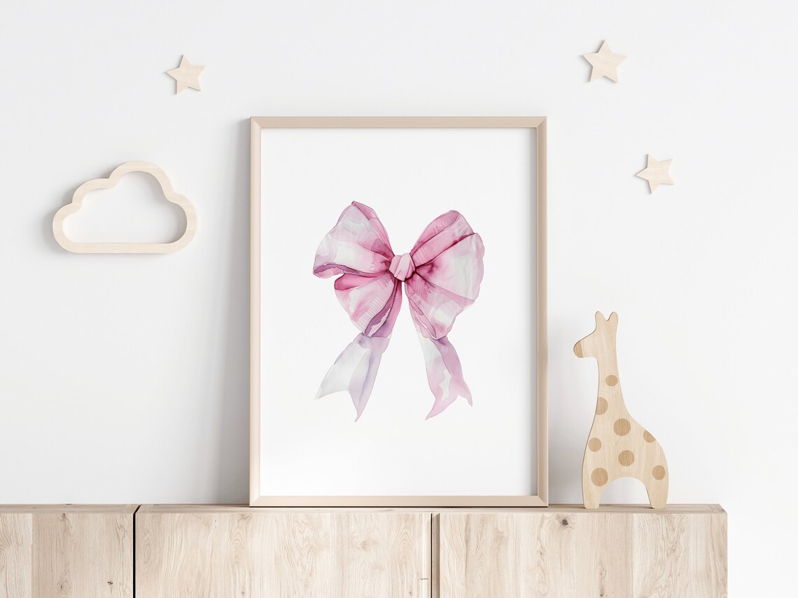 Pink Bow Nursery Print, Watercolor Nursery Bow Decor, Preppy Pink ...