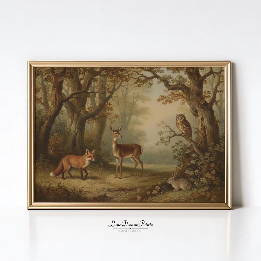Woodland Animals Forest Print, Moody Vintage Whimsical Wall Art ...