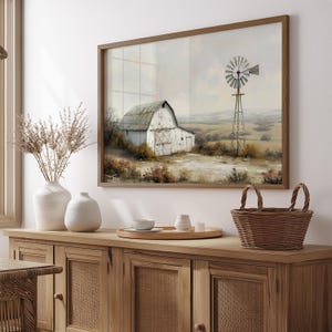 Rustic Barn and Windmill Print, White Barn Farmhouse Painting, Country ...
