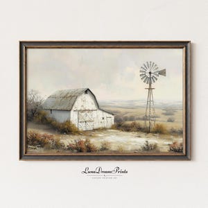 Rustic Barn and Windmill Print, White Barn Farmhouse Painting, Country ...