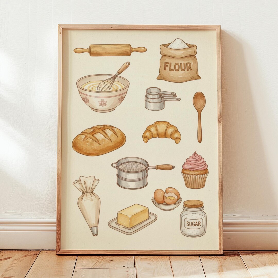 Kitchen Bakery Ingredients Digital Poster, Retro Kitchen Baking Print ...