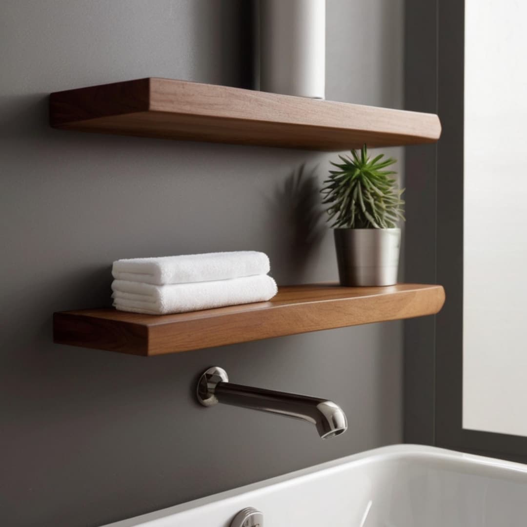 Floating Teak Wood Shelf for Bathrooms Waterproof Wooden Wall Mounted ...