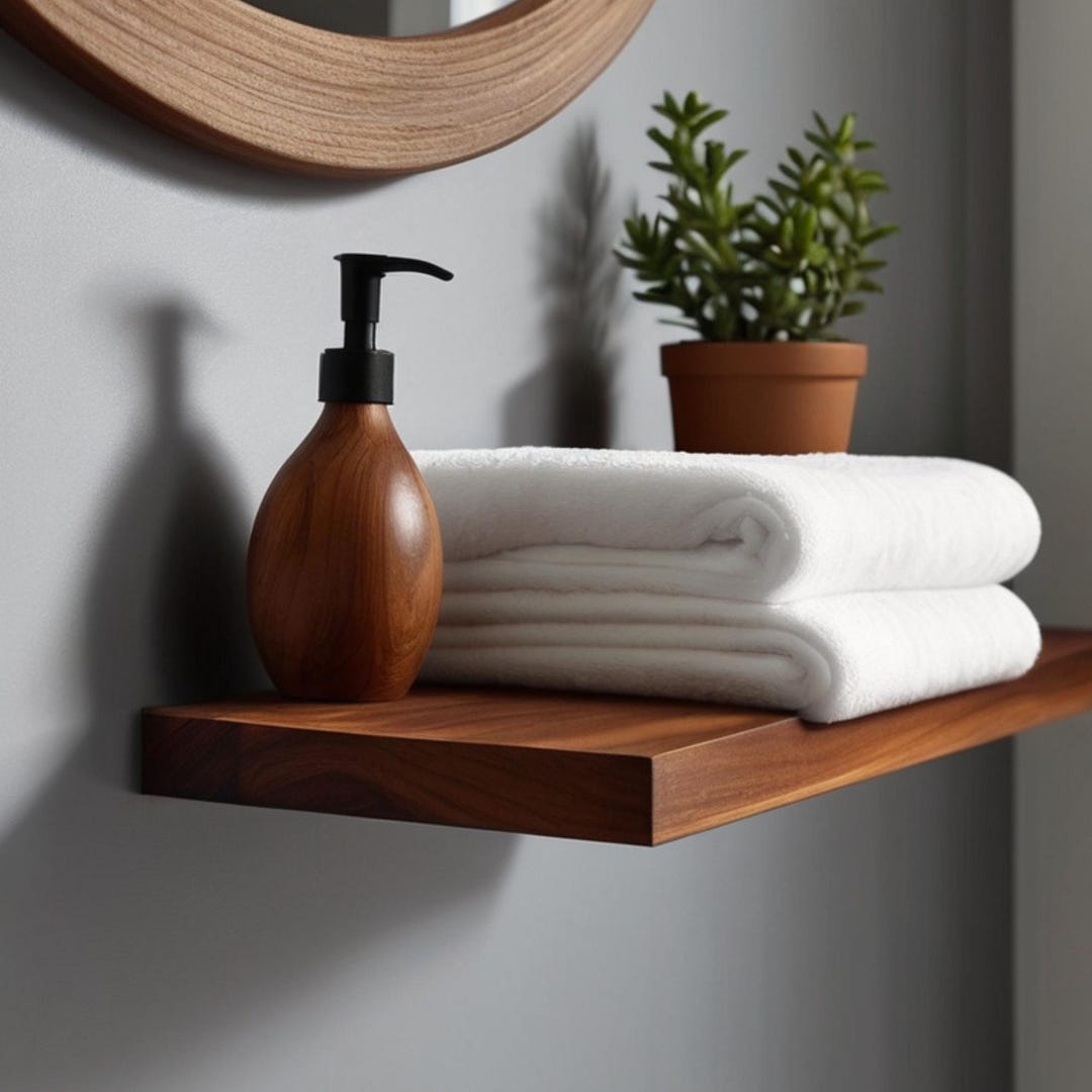 Teak Wood Floating Bathroom Shelf Waterproof and Durable Bath Storage ...