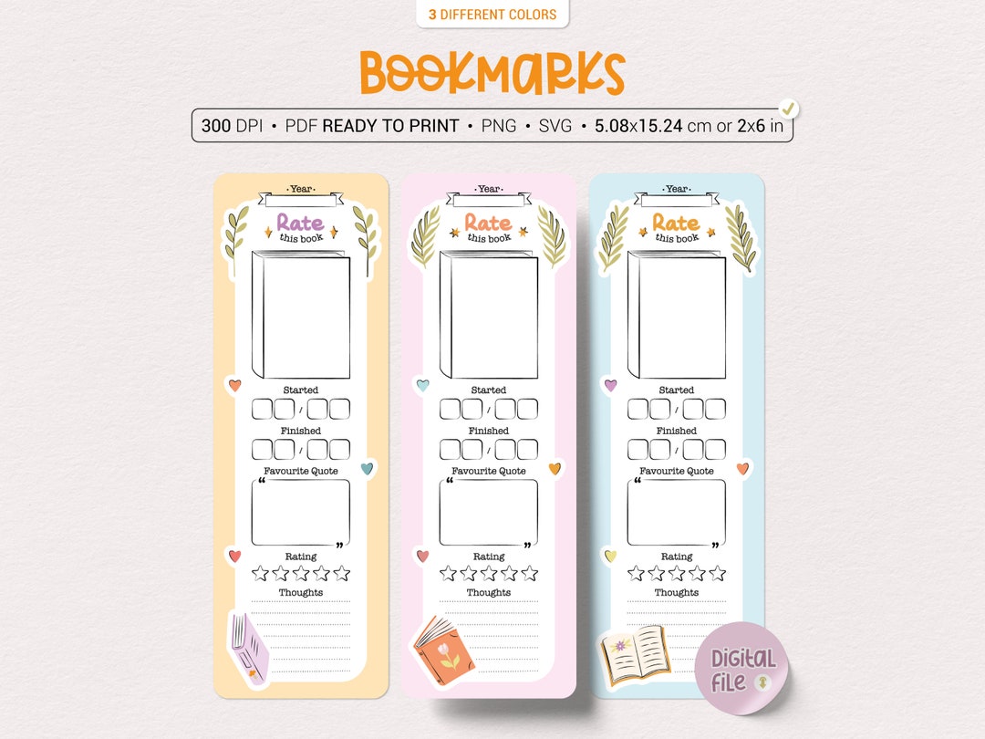 Set of 3 Printable Book Rating Review Guide Tracker Bookmarks for Book ...