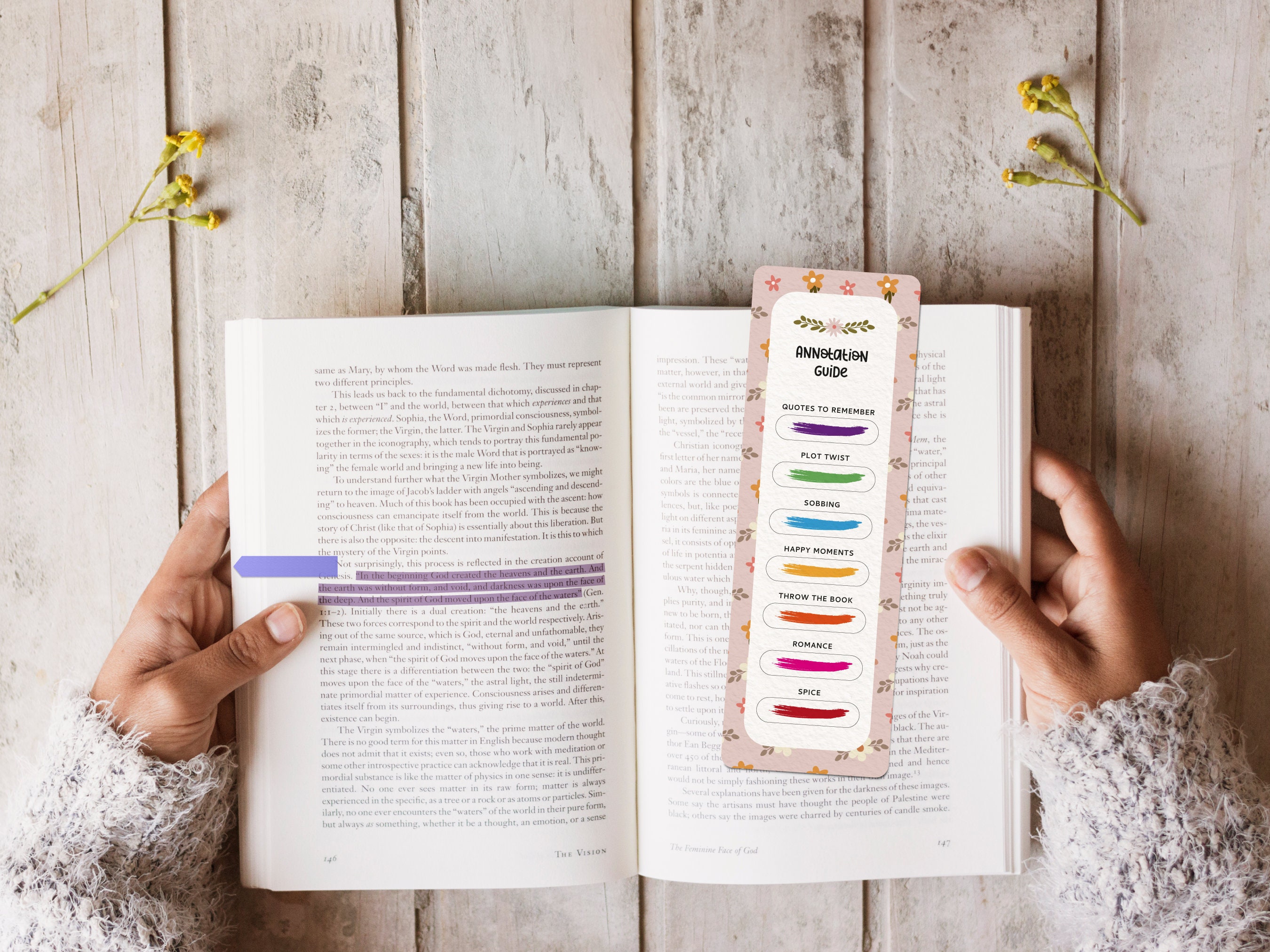 Set of 3 Annotation Key Color Guide Bookmarks With Flower Pattern PNG ...