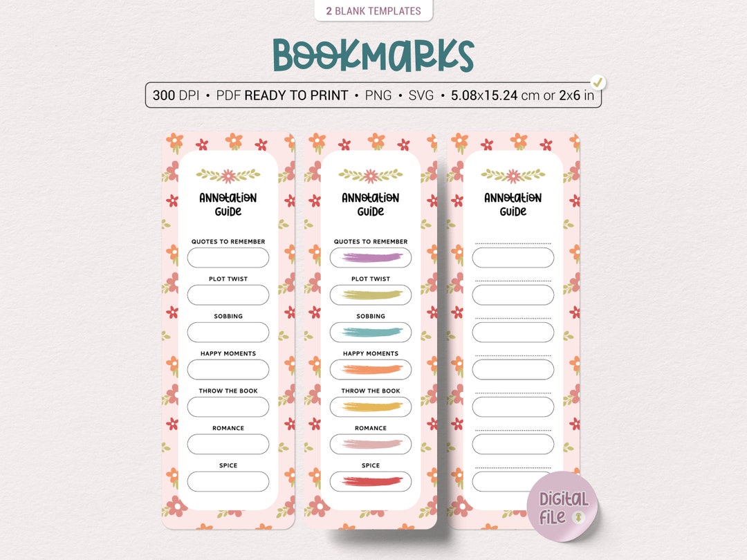 Set of 3 Annotation Key Color Guide Bookmarks With Flower Pattern | PNG ...