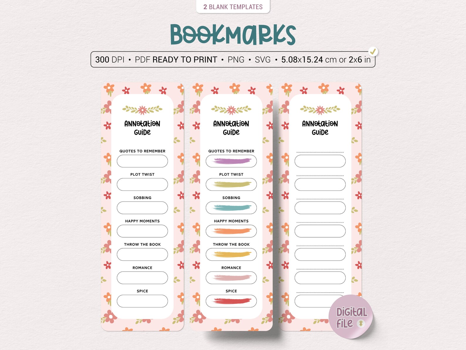 Set of 3 Annotation Key Color Guide Bookmarks With Flower Pattern | PNG ...