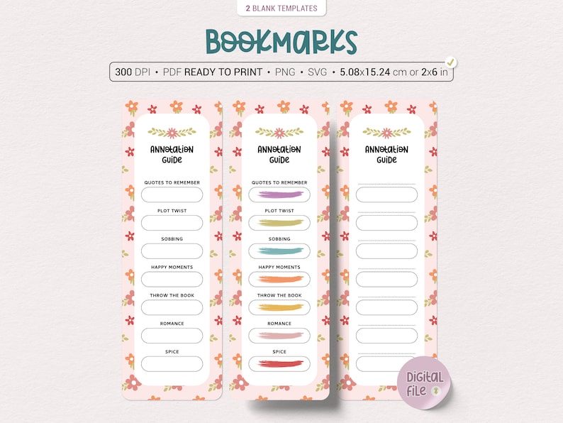 Set of 3 Annotation Key Color Guide Bookmarks With Flower Pattern | PNG ...