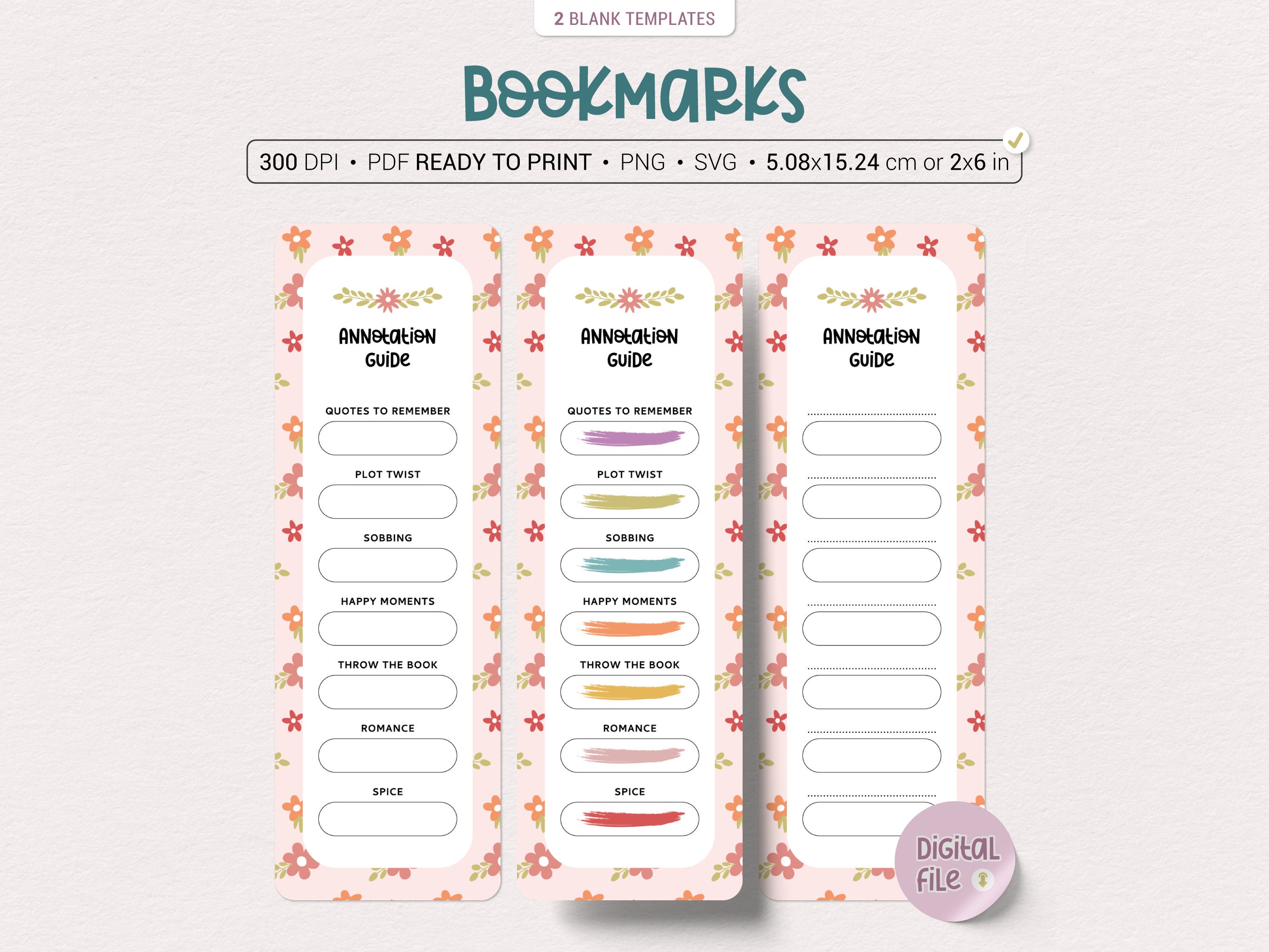Set of 3 Annotation Key Color Guide Bookmarks With Flower Pattern | PNG ...