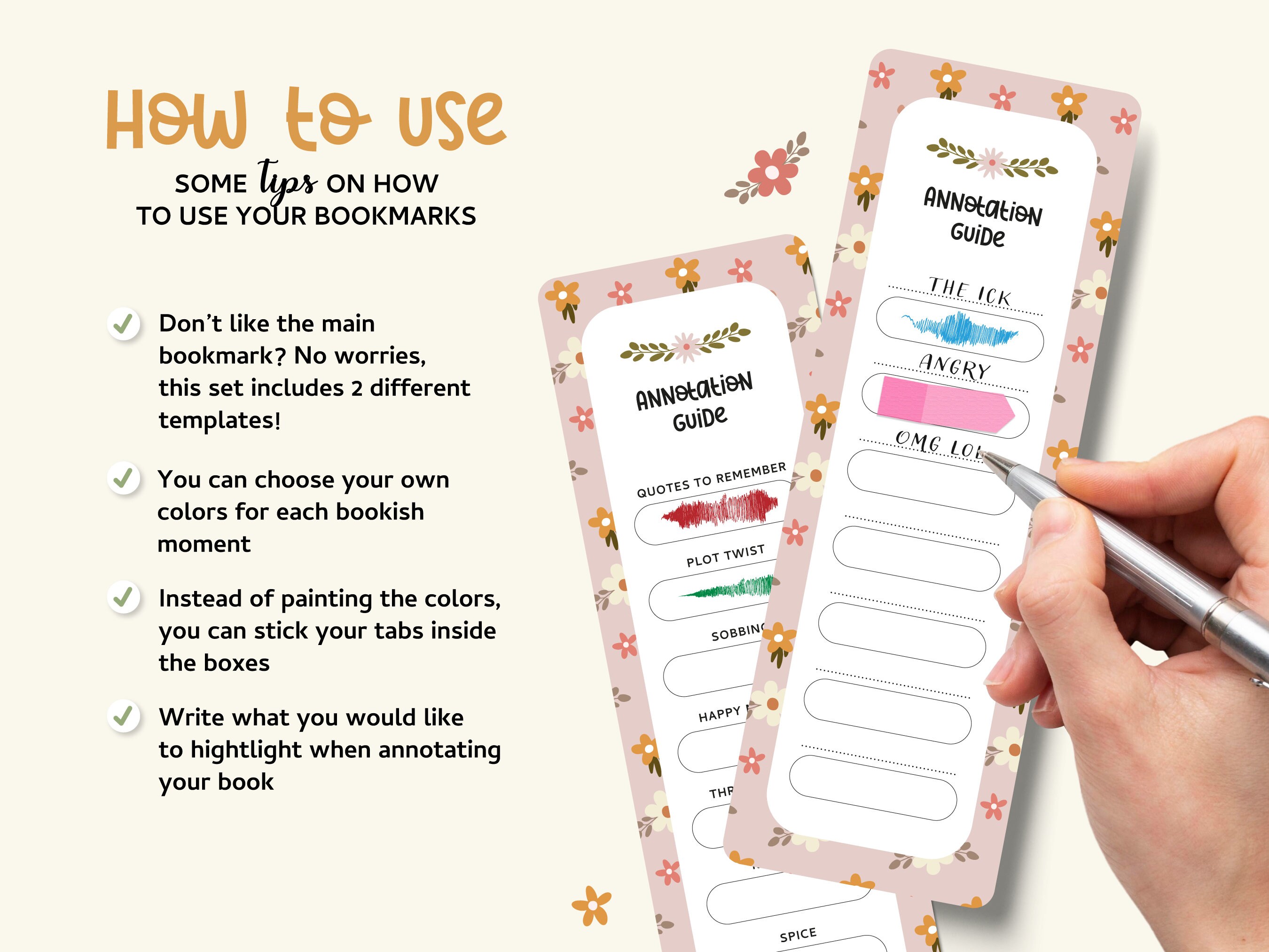 Set of 3 Annotation Key Color Guide Bookmarks With Flower Pattern PNG ...