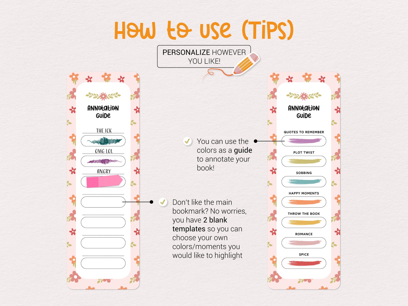 Set of 3 Annotation Key Color Guide Bookmarks With Flower Pattern | PNG ...