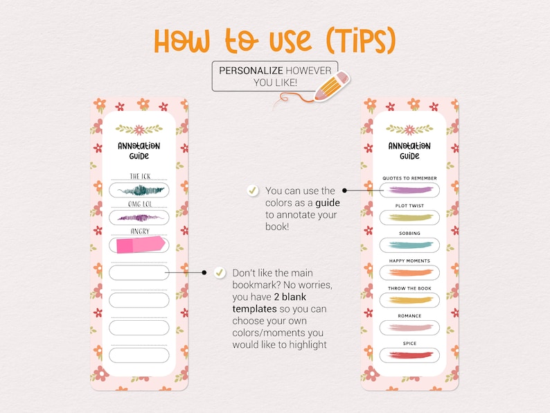 Set of 3 Annotation Key Color Guide Bookmarks With Flower Pattern | PNG ...