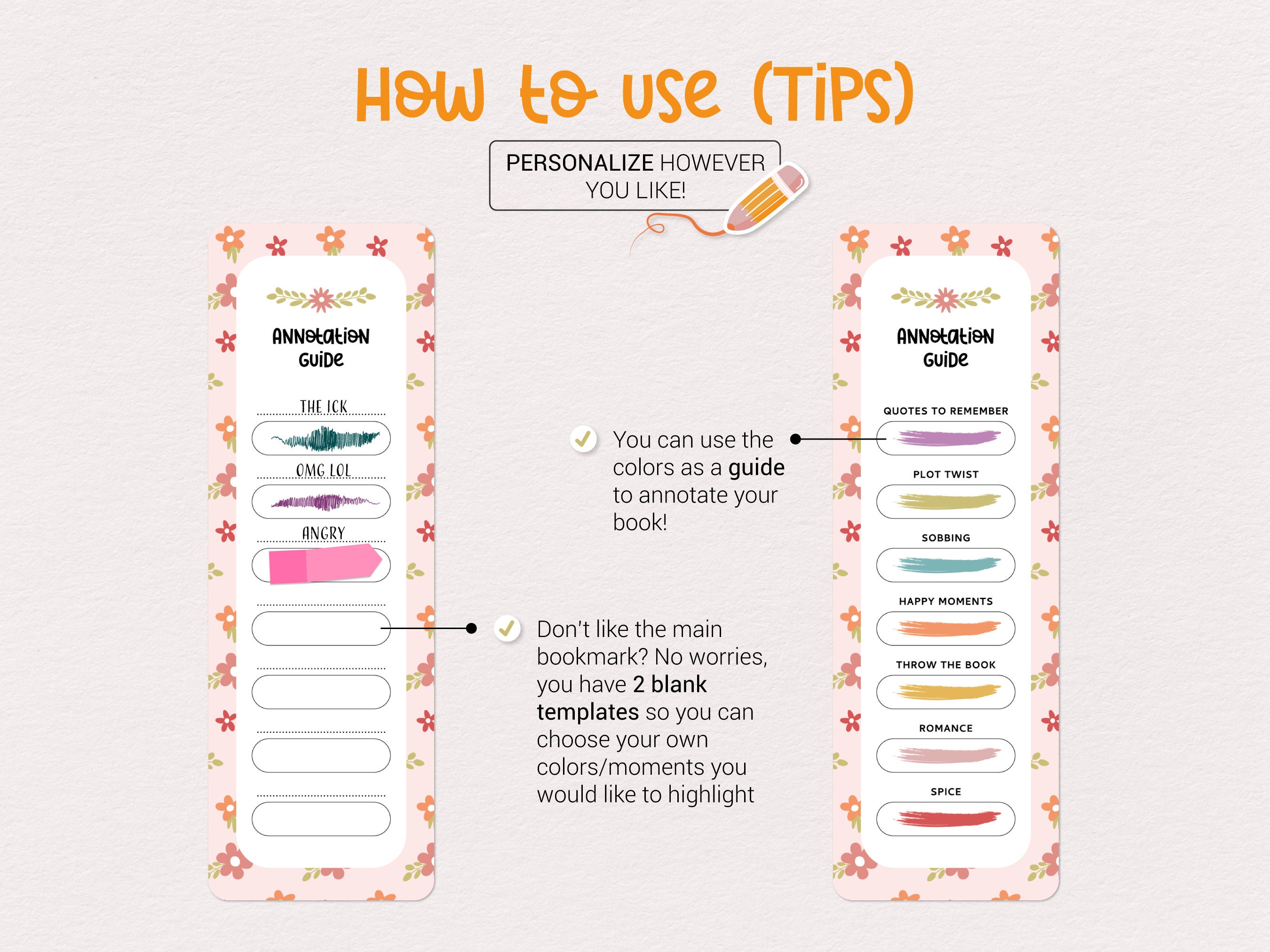 Set of 3 Annotation Key Color Guide Bookmarks With Flower Pattern | PNG ...