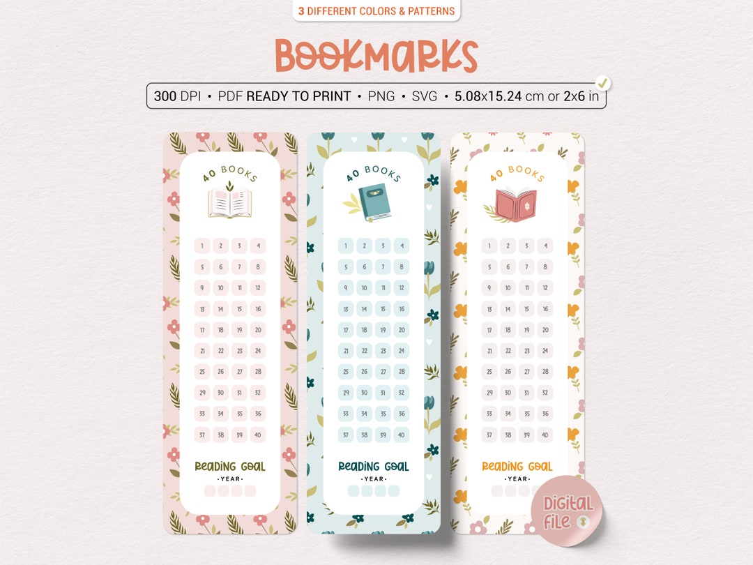 Set of 3 Yearly Goal Bookmarks (40 Books) Reading Tracker With Flower ...