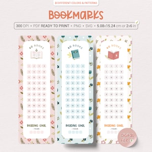Set of 3 Yearly Goal Bookmarks (40 Books) Reading Tracker With Flower ...