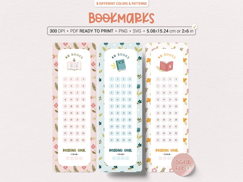 Set of 3 Yearly Goal Bookmarks (40 Books) Reading Tracker With Flower ...