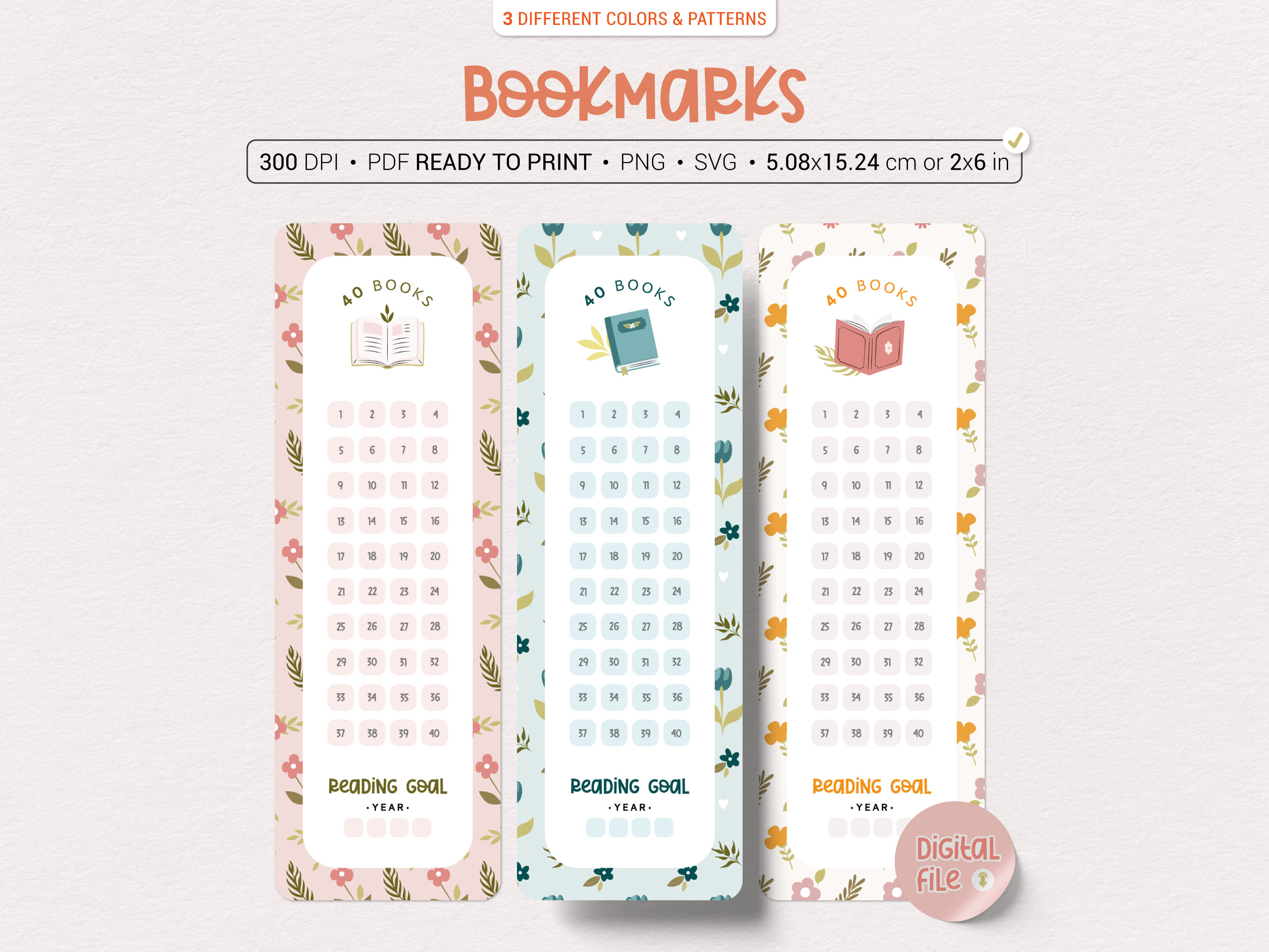Set of 3 Yearly Goal Bookmarks 40 Books Reading Tracker With Flower ...