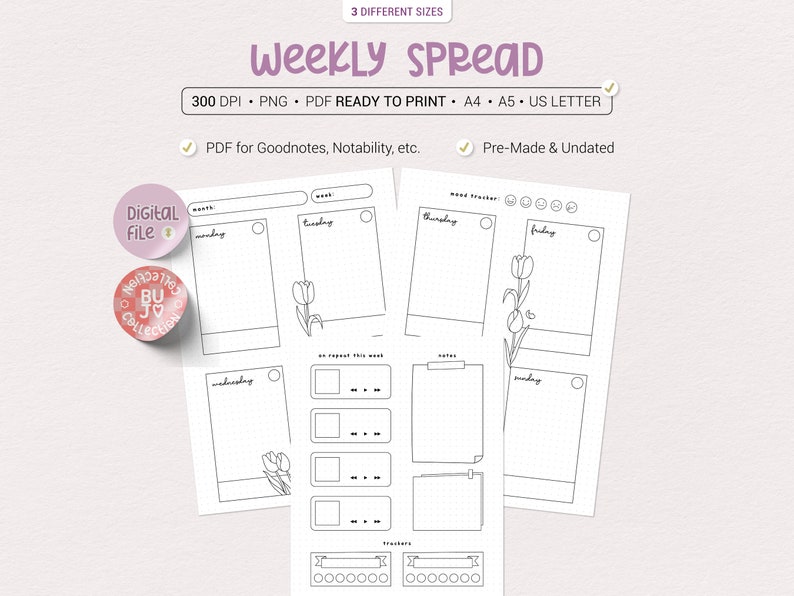 Printable Weekly Planner Spread | Bullet Journal Template (PDF, PNG) - Etsy