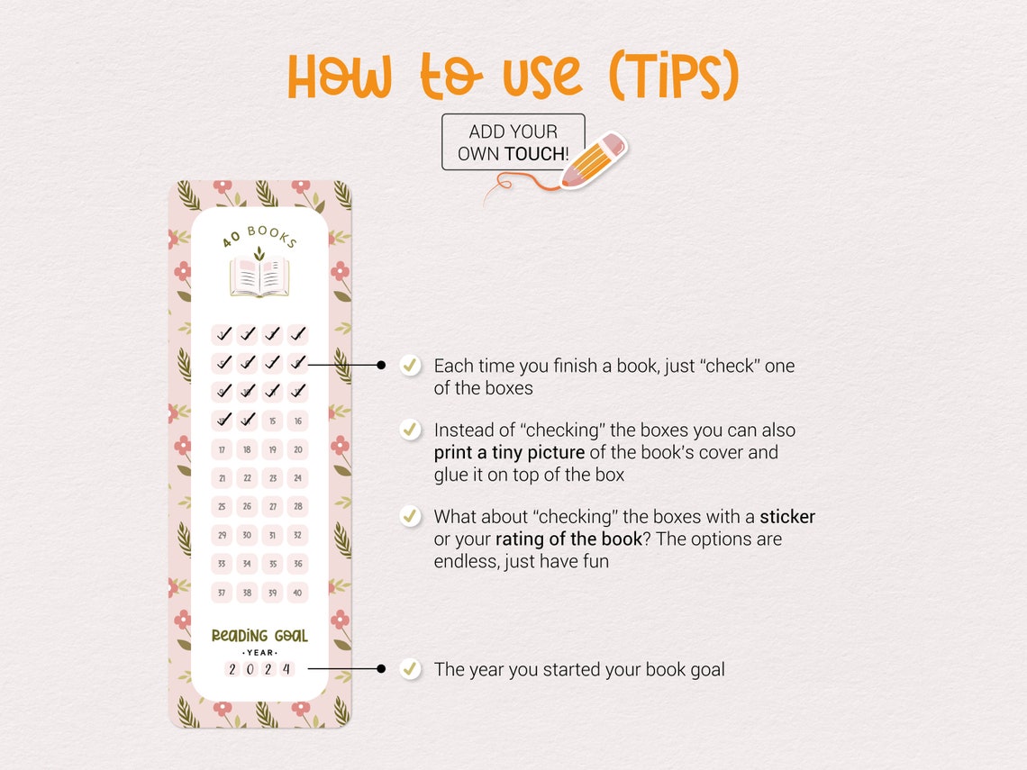Set of 3 Yearly Goal Bookmarks (40 Books) Reading Tracker With Flower ...