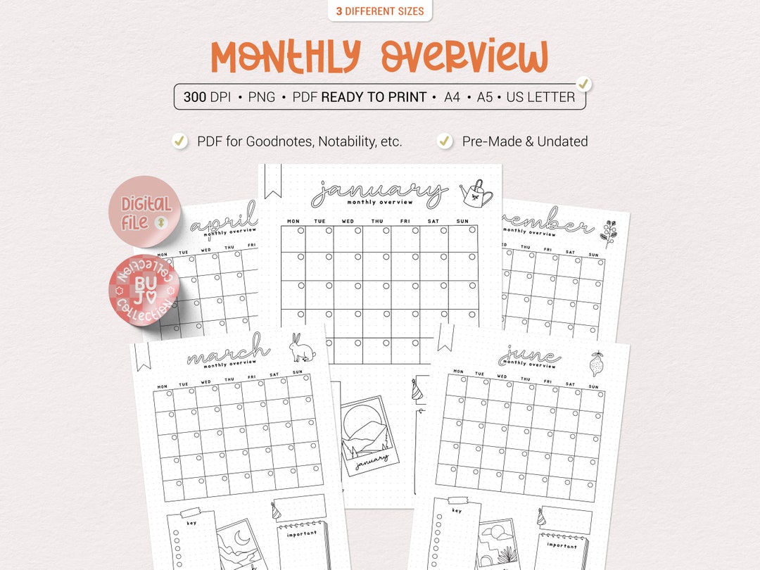 Printable Pre-made Bujo Bullet Journal Planner monthly Overview 12 ...