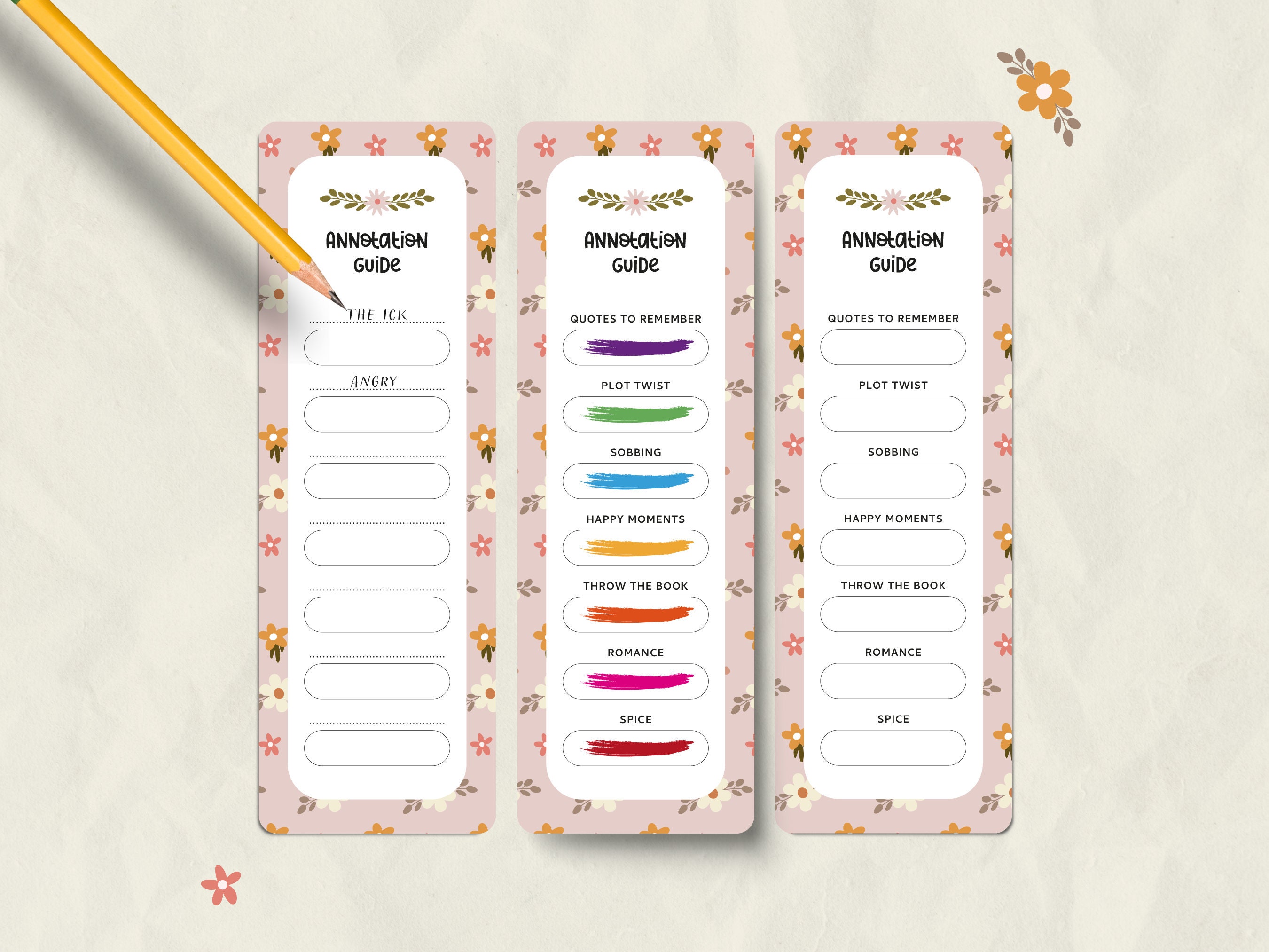 Set of 3 Annotation Key Color Guide Bookmarks With Flower Pattern PNG ...
