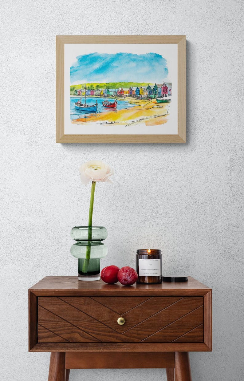 Coastal Harbor Watercolor Print: Nautical Village Art - Etsy