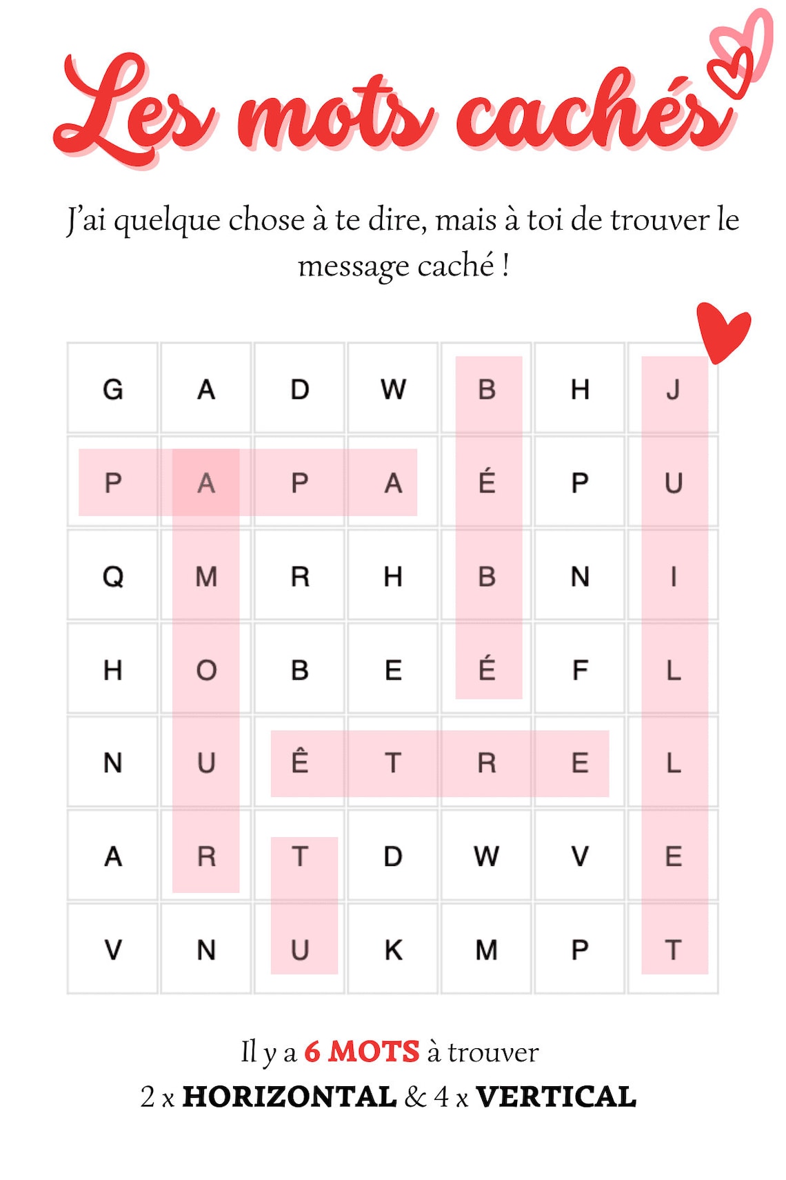 Carte mots cachés / carte mots mêlés / amour / message secret - Etsy France