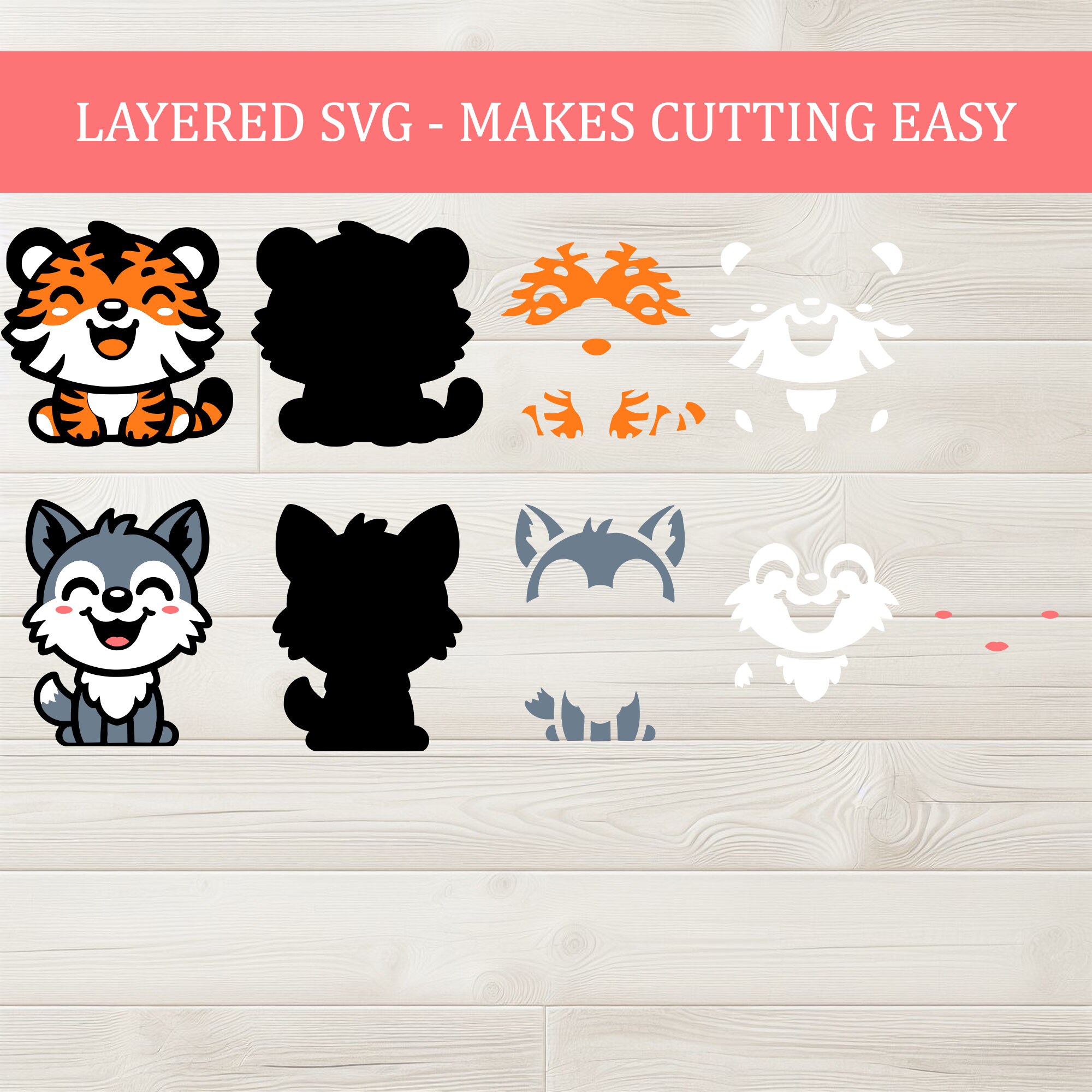 Layered Animals Pack Cute Animal Svg Bundle Lion, Monkey, Panda, Tiger ...