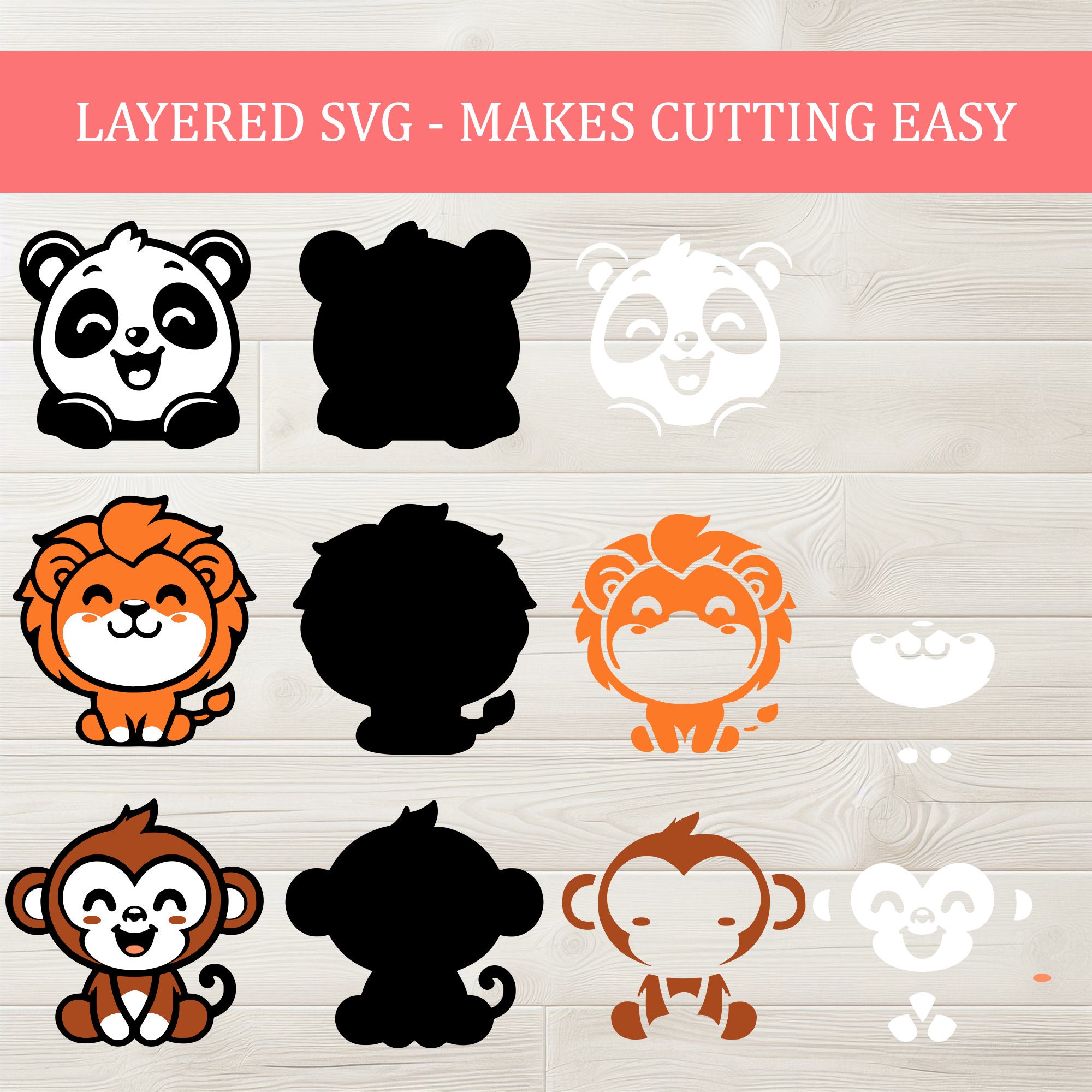 Layered Animals Pack Cute Animal Svg Bundle Lion, Monkey, Panda, Tiger ...