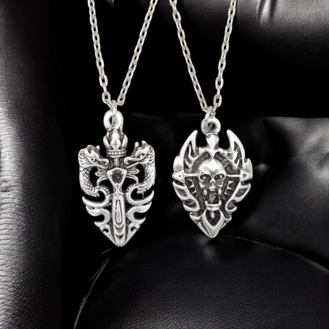 Diablo Inspired Demon Shield Dragon Sword Crown Couple Necklace Set ...