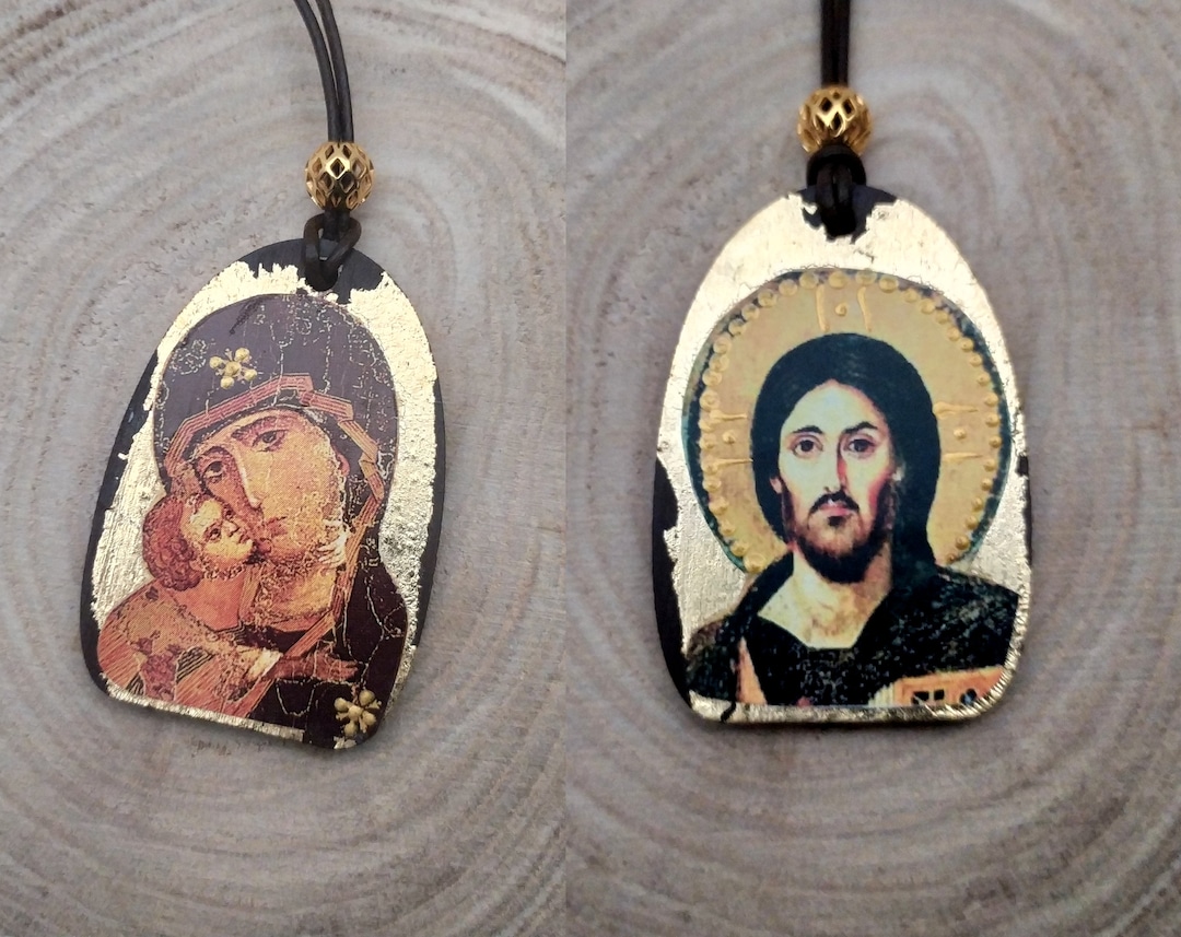 Christian Amulet, Wooden With Virgin of Vladimir or Jesus Christ ...