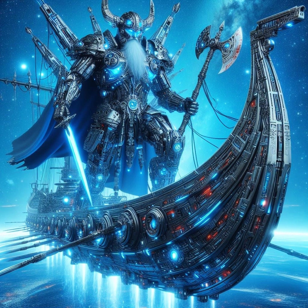 Cyber Viking on a Spaceship Longship - Etsy