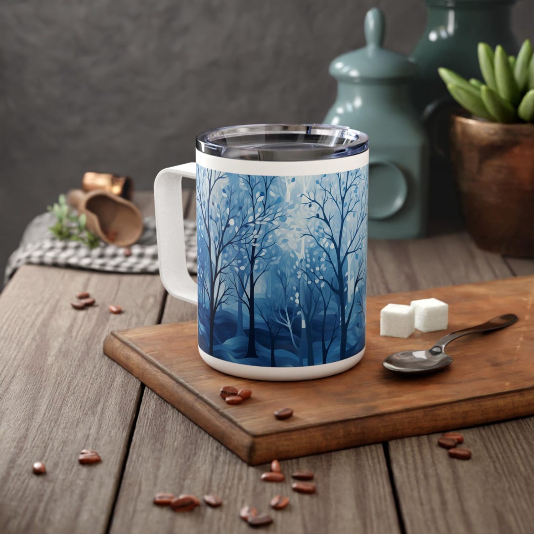 Trees in A Cold Blue Winter Snowy Holiday Forest Insulated Travel Mug ...