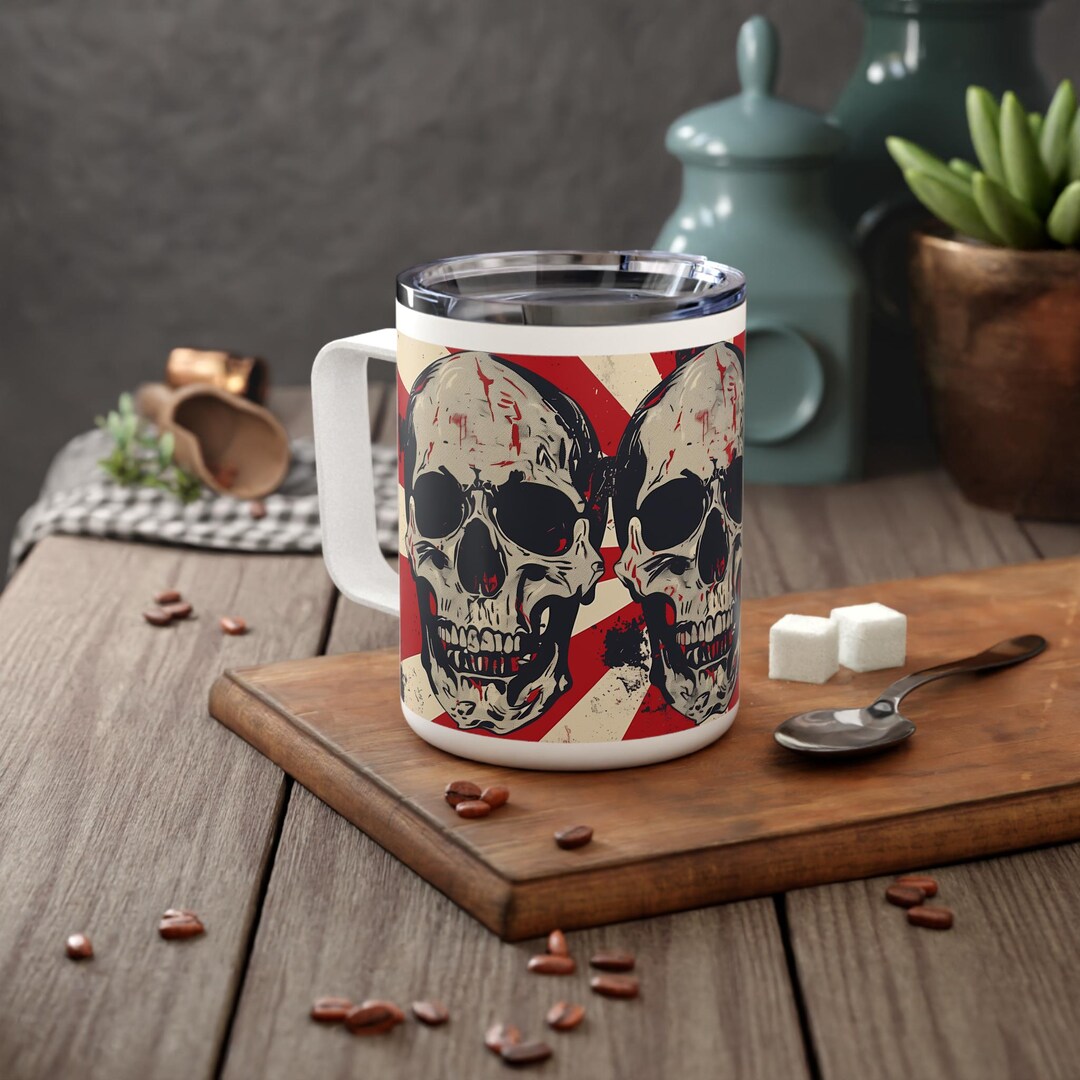 Skulls Street Art Punk Rock Design Insulated Mug With Lid, Black Red Cup, Skull and Bones Mug ...
