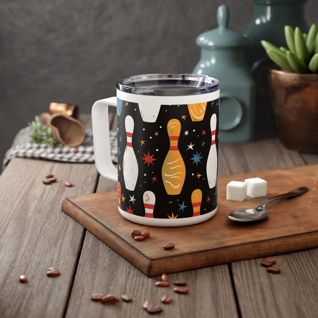 Bowling Pins Galaxy Insulated Travel Mug, Retro Bowling Cocktail Cup ...