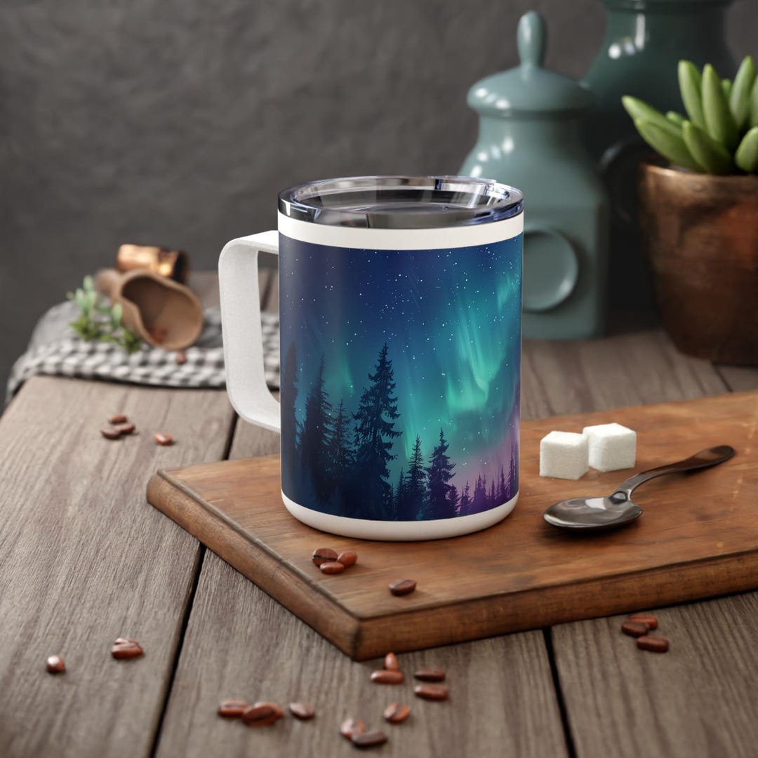 Mountain Forest Northern Lights Insulated Travel Mug, Aurora Borealis ...