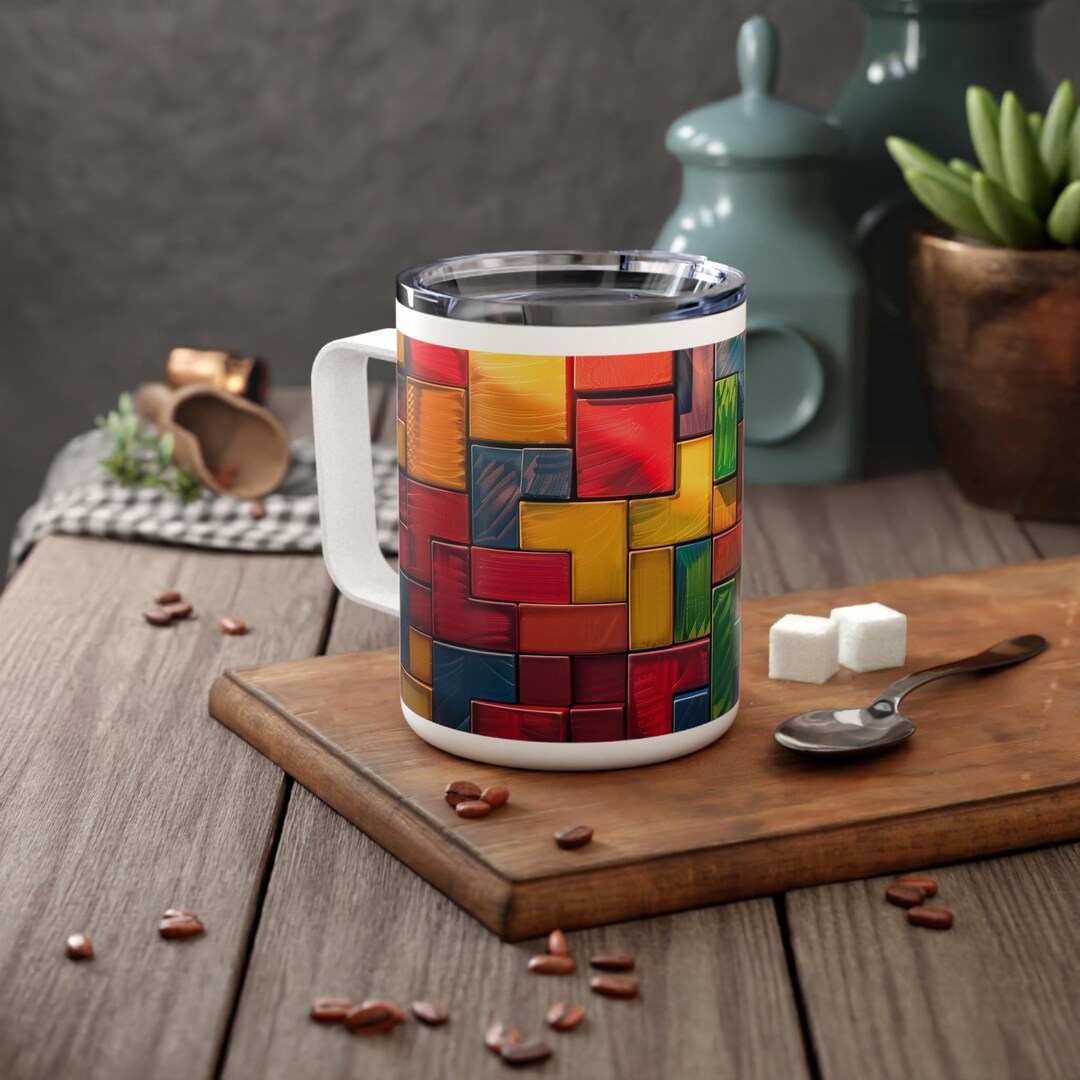 Tetris Wood Blocks Insulated Travel Coffee Mug, Colorful Geometric ...
