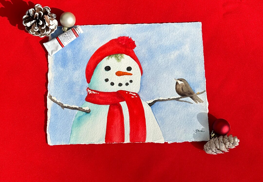 Original 8x10 Watercolor by Shea Knowles-christmas Bright Red Snowman ...