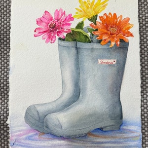 Floral Yellow/grey Rainboots Original Watercolor - Etsy